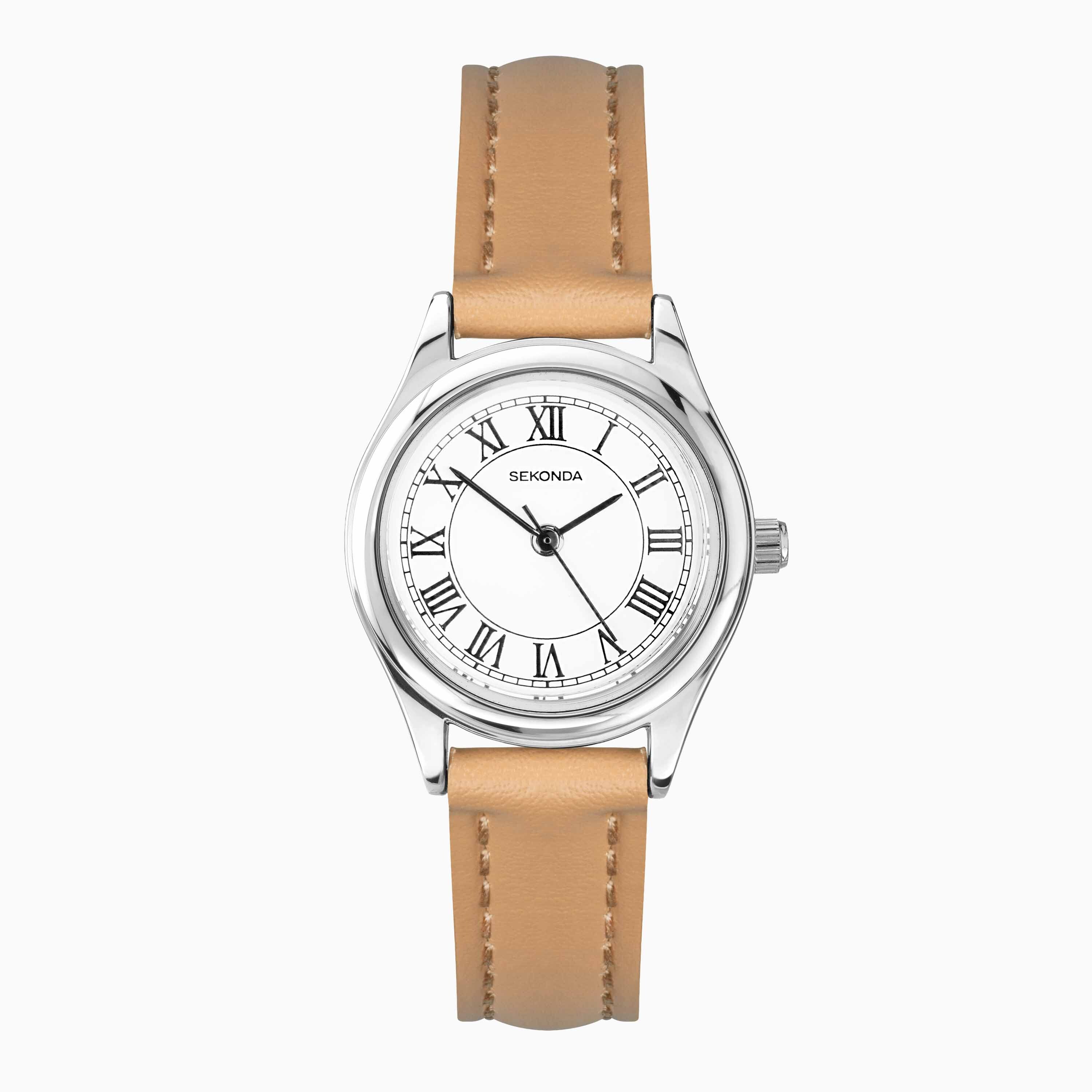 Evans Ladies Watch | Silver Case and Tan Leather Strap | Round 25mm ...